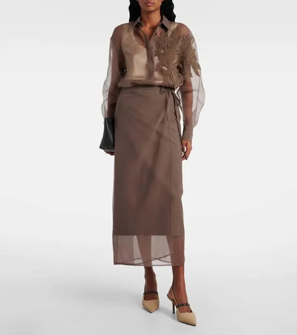 Brunello Cucinelli Herbarium-applique Silk Shirt - Brown