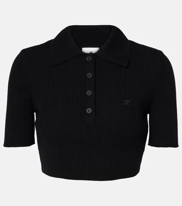 COURREGES Courrèges Ribbed-knit Cropped Polo Shirt - Black