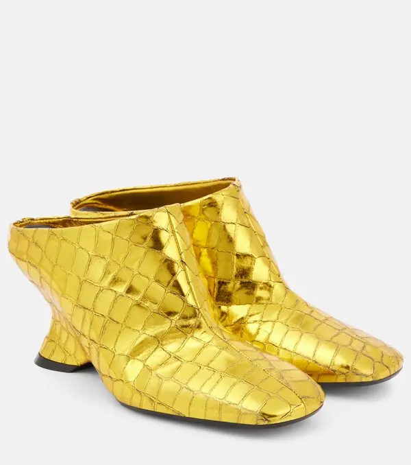 Dries Van Noten Croc-effect Leather Wedge Mules - Gold