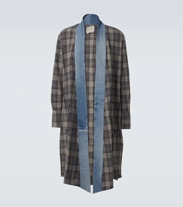 GREG LAUREN Plaid Cotton Coat With Denim Trim