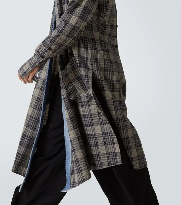 GREG LAUREN Plaid Cotton Coat With Denim Trim