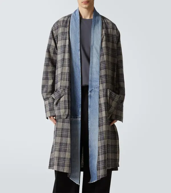 GREG LAUREN Plaid Cotton Coat With Denim Trim