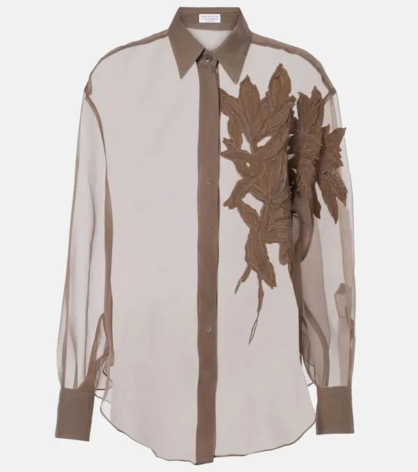 Brunello Cucinelli Herbarium-appliqué Silk Shirt - Brown