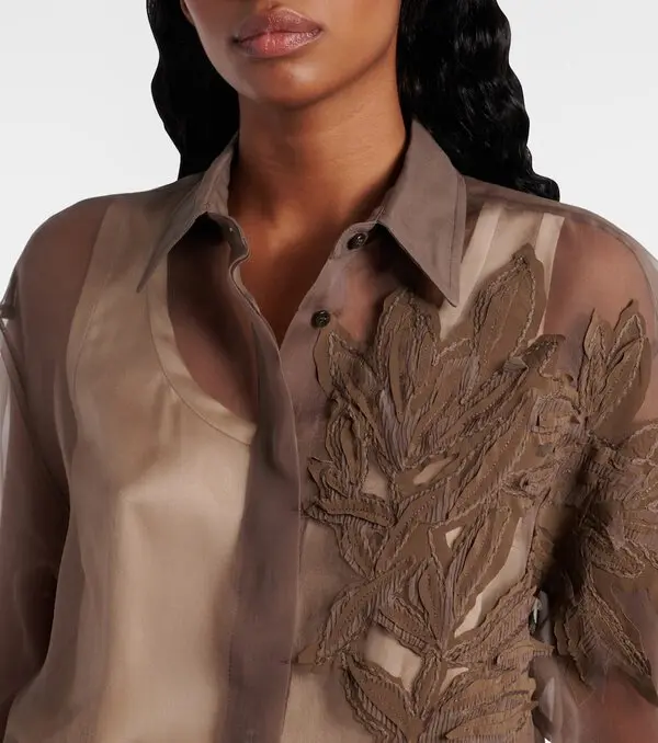 Brunello Cucinelli Silk Shirt With Herbarium Appliqu - Brown