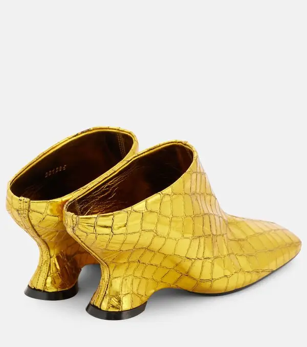 Dries Van Noten Croc-effect Leather Wedge Mules - Gold