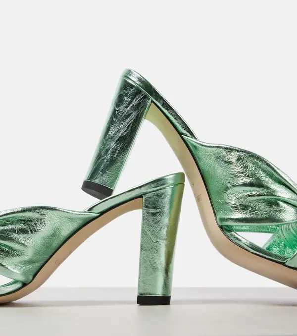 JIMMY CHOO Metallic Leather Square Toe High Heel Sandals