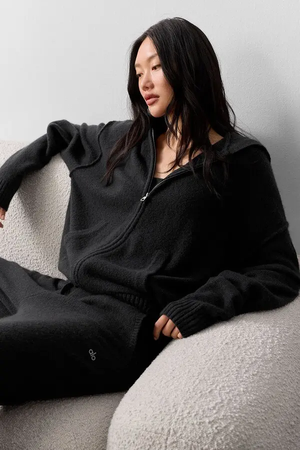 Alo Yoga Wool Cashmere Full Zip Relaxed Fit Hoodie - Black