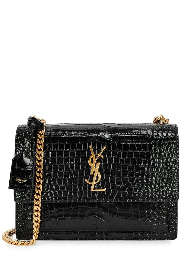 Saint Laurent Sunset Medium Crocodile-effect Shoulder Bag - Black