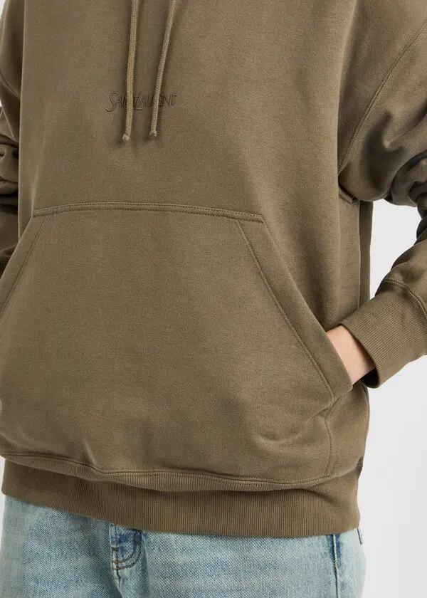 Saint Laurent Logo-embroidered Hooded Cotton Sweatshirt - Khaki