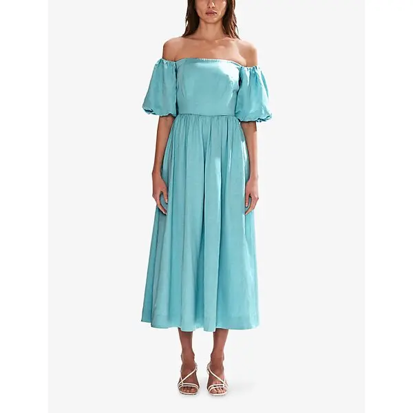Ro&Zo Alba Bardot Puff-Sleeve Woven Maxi Dress In Blue - 70% Off |  Editorialist