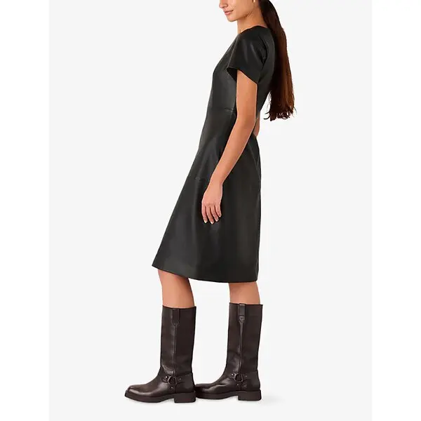 leather dress women's Deep Neck Slit Hem Faux Leather Dress