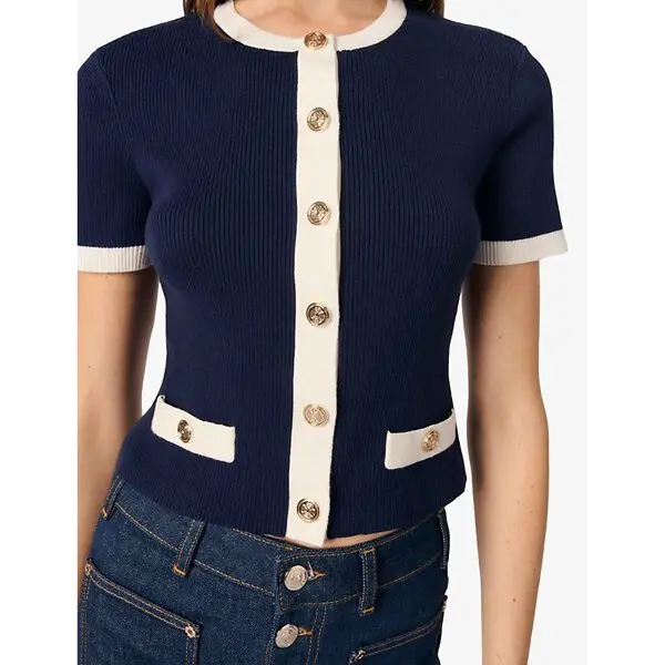 Maje Contrast-trim Knitted Cardigan - Bleus