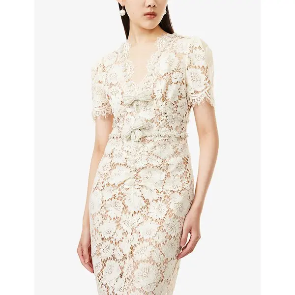 self-portrait lace pearl-embellished midi dress self-portrait - Cream Fine Lace Pearl Midi Dress