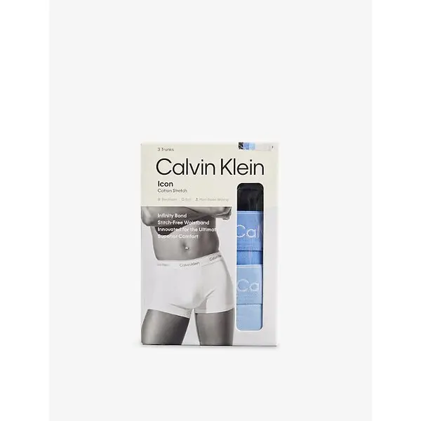 Calvin Klein Icon Logo-waistband Pack Of Three Stretch-cotton Trunks - Black/glacier/blue Bell