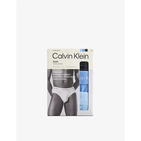 Calvin Klein Icon Logo-waistband Pack Of Three Stretch-cotton Hip Briefs - Black/glacier/blue Bell