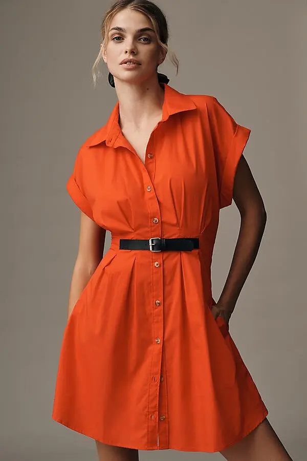Anthropologie Faye Short-sleeve Belted Shirtdress - Cherry