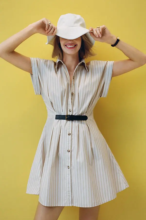 Anthropologie Faye Belted Shirt Dress - Neutral & White Stripe
