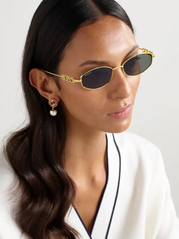GUCCI Gold Crystal-Trim Oval Sunglasses - Women Accessories Gucci Crystal-Embellished Logo 51mm Oval Sunglasses | Neiman  main image 4