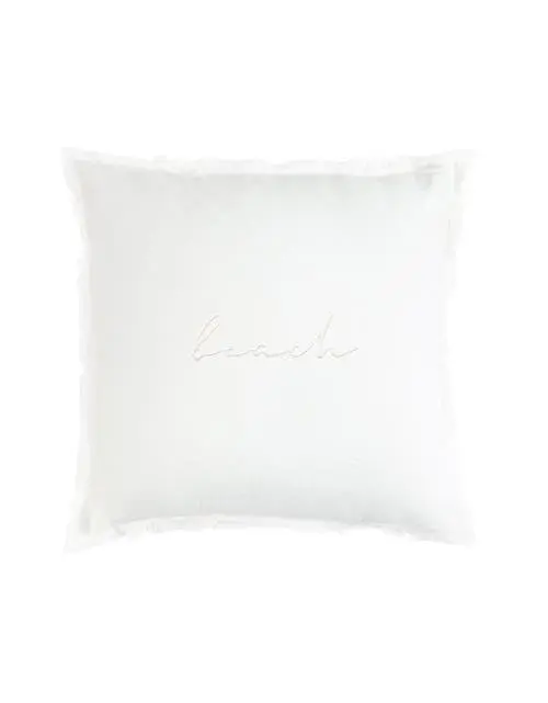 Anaya Beach Script Embroidered Linen Fringe Pillow With Down Alternative Insert - White