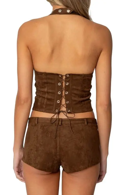EDIKTED Sloane Faux Suede Halter Top - Brown