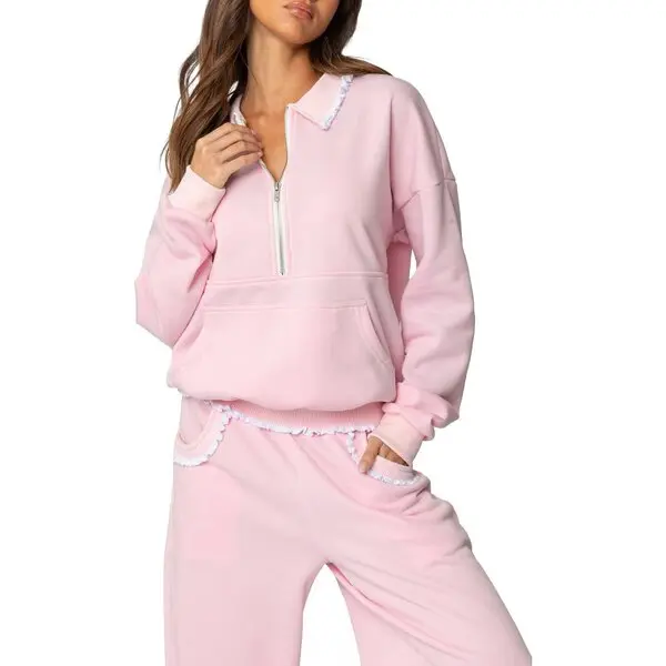 EDIKTED Ashtin Ruffle Trim Half Zip Sweatshirt - Light-pink