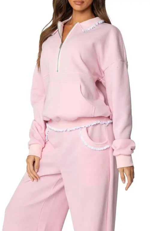 EDIKTED Ashtin Ruffle Trim Half Zip Sweatshirt - Light-pink