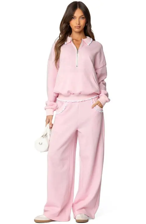 EDIKTED Ashtin Ruffle Trim Half Zip Sweatshirt - Light-pink
