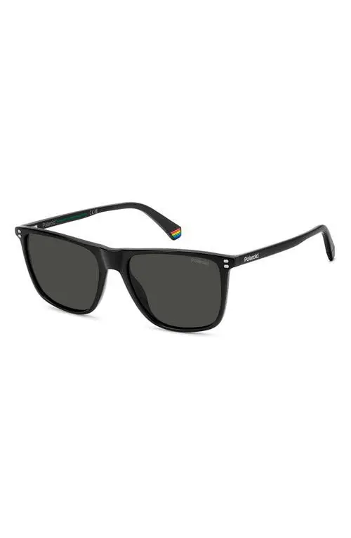 POLAROID 55mm Polarized Rectangular Sunglasses - Black/ Grey Polar