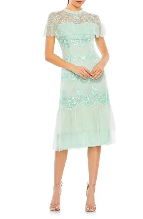 Mac Duggal Embroidered Ruffled Cap Sleeve Midi Dress