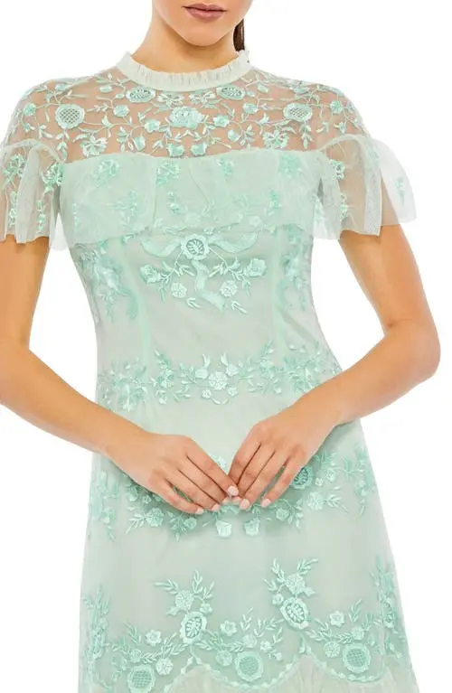 Mac Duggal Embroidered Ruffled Cap Sleeve Midi Dress