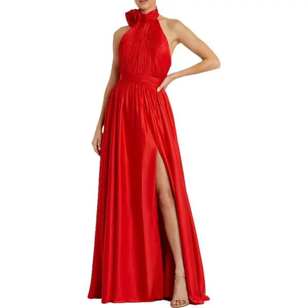 Mac Duggal Soft Tie Halter Neck High Slit Gown - Cherry