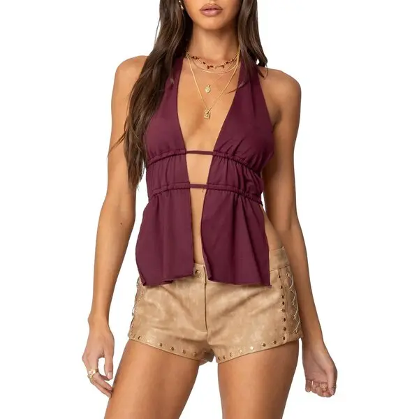 EDIKTED Nikole Split Front Halter Top - Burgundy