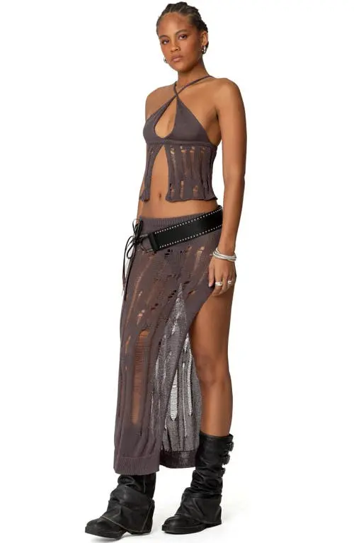 EDIKTED Jaynie Distressed Open Knit Maxi Skirt
