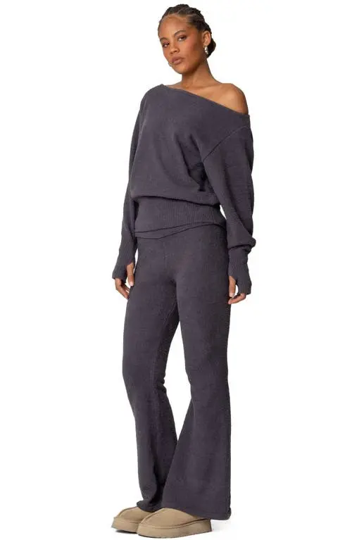 EDIKTED Plush Flare Leg Pants - Dark Gray