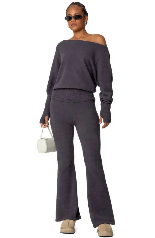 EDIKTED Plush Flare Leg Pants - Dark Gray