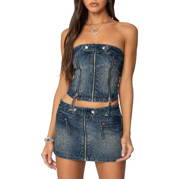 EDIKTED Guinevere Zip Denim Corset Top