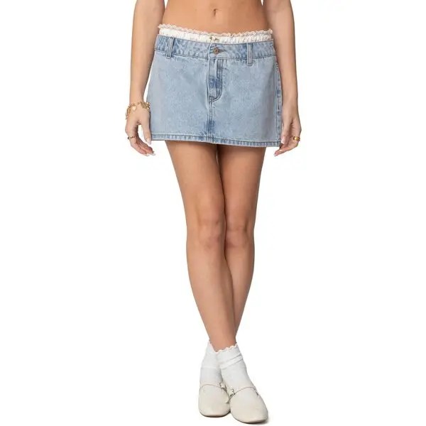 EDIKTED Floral Lace Trim Denim Miniskirt