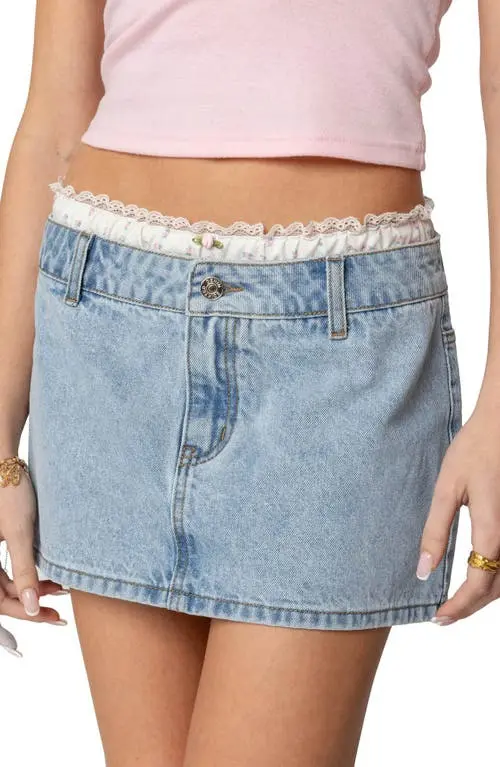 EDIKTED Floral Lace Trim Denim Miniskirt