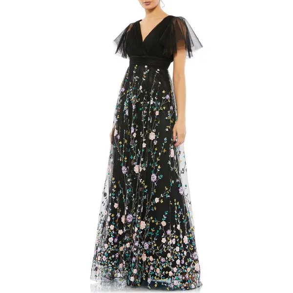 Mac Duggal Embellished Butterfly Sleeve V-neck Gown - Black Multi