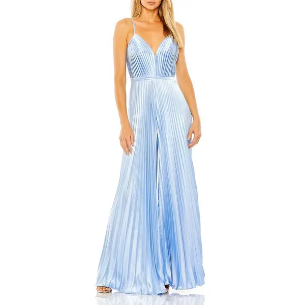 Mac Duggal Pleated Jumpsuit With Plunge Neck And Wide Leg - Blue