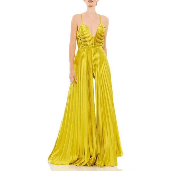 Mac Duggal Pleated Jumpsuit With Plunge Neck And Wide Leg - Chartreuse