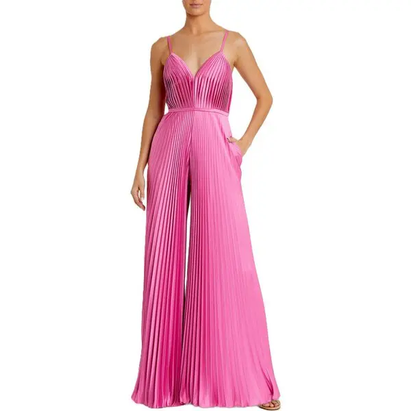 Mac Duggal Pleated Jumpsuit With Plunge Neck And Wide Leg - Pink