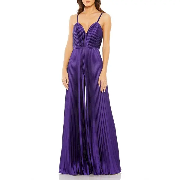 Mac Duggal Pleated Jumpsuit With Plunge Neck And Wide Leg - Purple