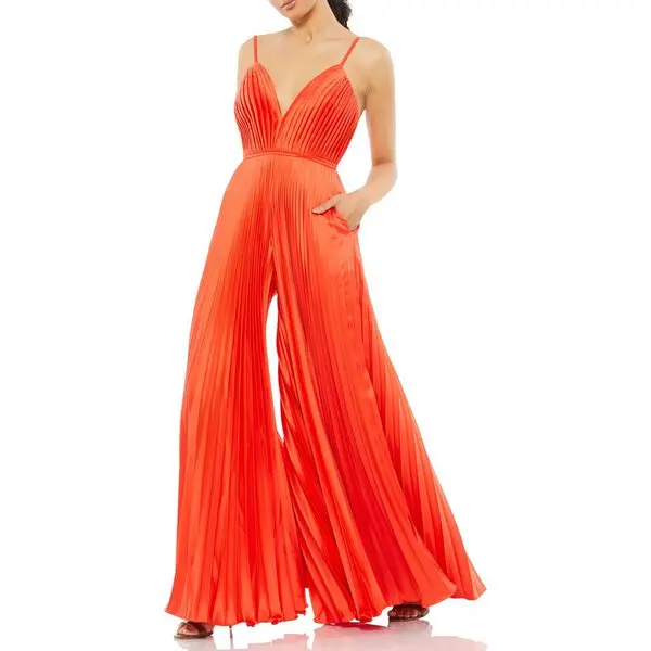 Mac Duggal Pleated Jumpsuit With Plunge Neck And Wide Leg - Tangerine