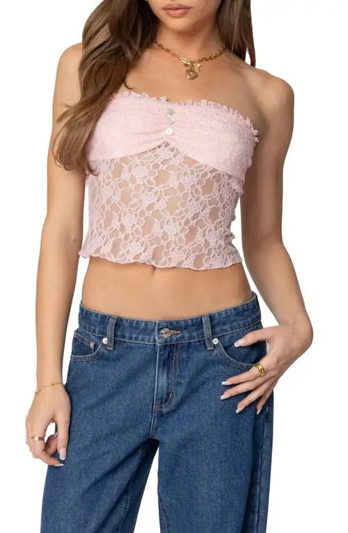 EDIKTED Odilia Strapless Lace Crop Top - Light-pink