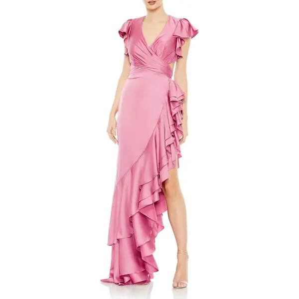 Mac Duggal Flutter Sleeve Asymmetrical Ruffled Gown