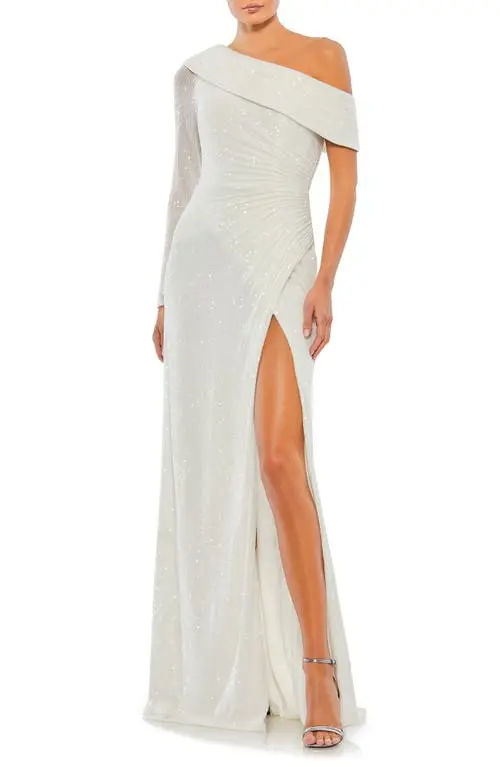 Mac Duggal Sequin Drop Shoulder Faux Wrap Gown - White