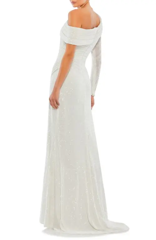 Mac Duggal Sequin Drop Shoulder Faux Wrap Gown - White