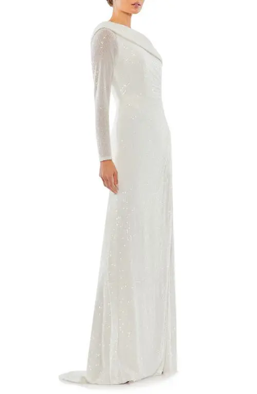 Mac Duggal Sequin Drop Shoulder Faux Wrap Gown - White