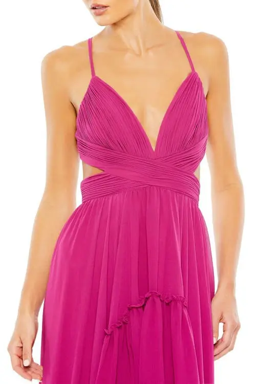 Mac Duggal Pleated Tiered Sleeveless Gown